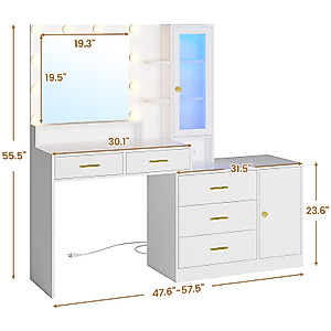 HAUOMS White Makeup Vanity with Lights Vanity Desk with Mirror, Large Vanity Table Set with Drawer Dresser, Charging Station & RGB Cabinets, Makeup Table with 5 Drawers and Storage Shelves, White