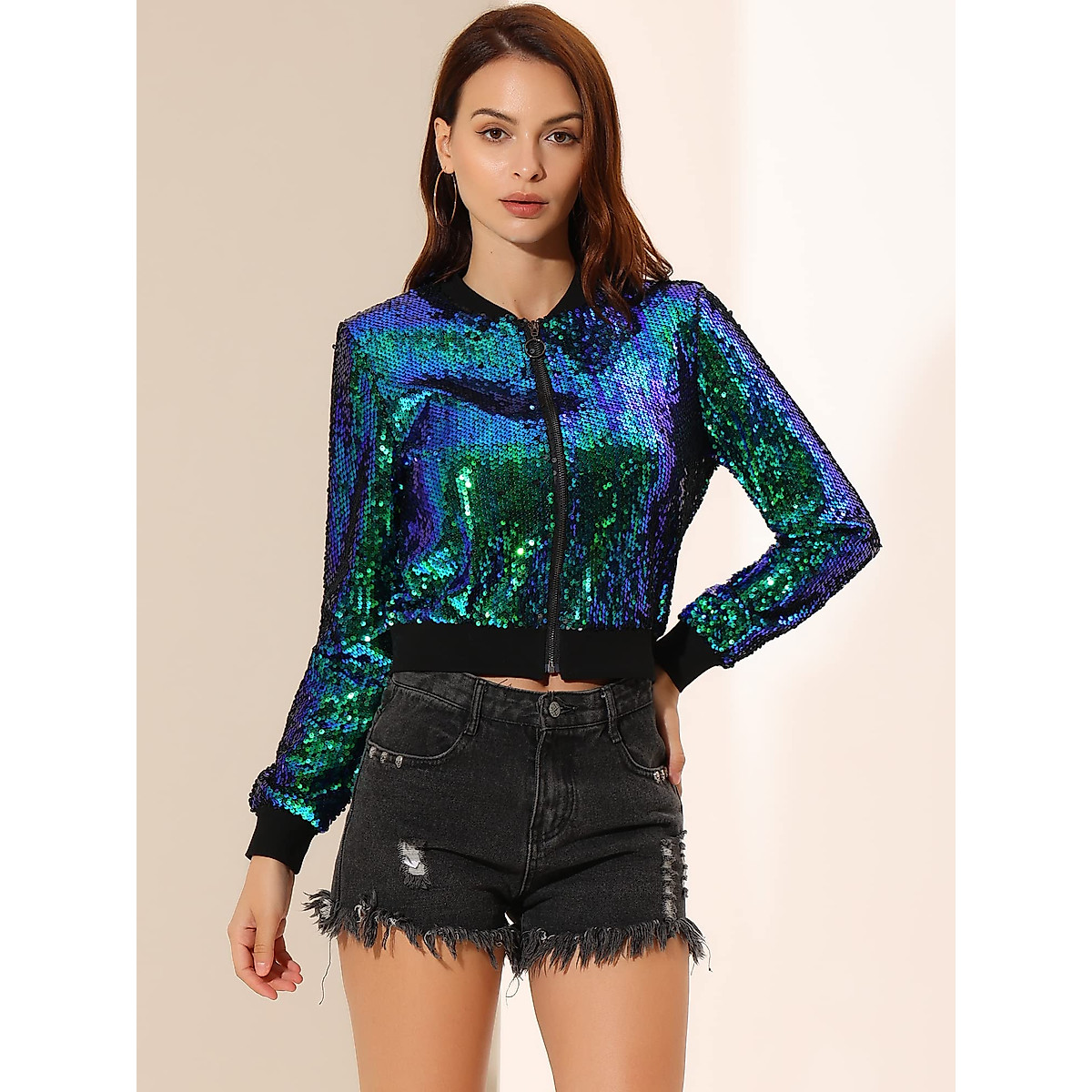 Allegra K Women's Sequin Jacket Long Sleeve Cropped Zipper Up Party Glitter Bomber Sparkly Jackets X-Small Green