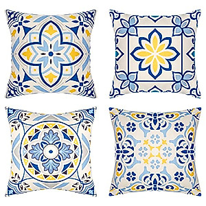 Set of 4 Decorative Waterproof Throw Pillow Covers Outdoor Boho Floral Cushion Covers for Patio Furniture Porch , 18x18 Inch