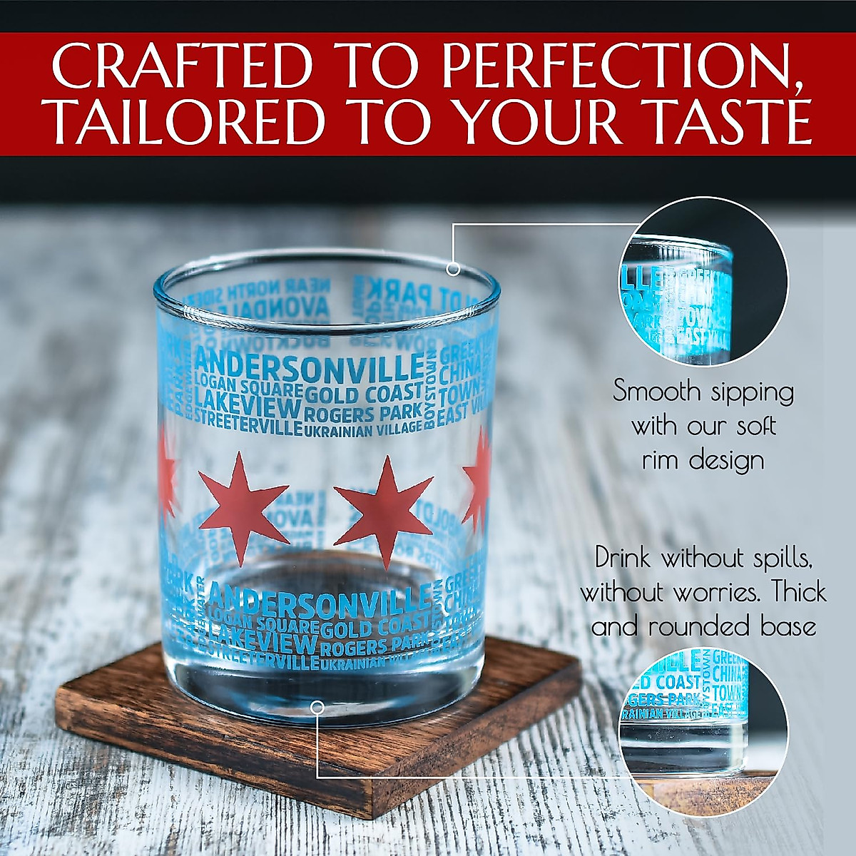 Greenline Goods Whiskey Glasses - 10 Oz Tumbler Set for Chicago lovers, Chicago Flag & Neighborhoods | Old Fashioned Rocks Glass - Set of 2