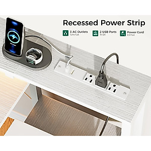 AODK 55" Computer Desk with Fabric File Cabinet and Drawer, Reversible Office Desk with Power Outlet and LED Light, Study Desk with Printer Stand, Keyboard Tray, Full Monitor Riser and PC Stand, White