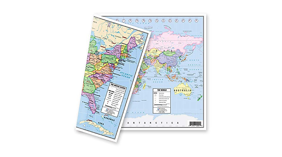 US and World Desk Map for Schools & Home - Durable Laminated Map