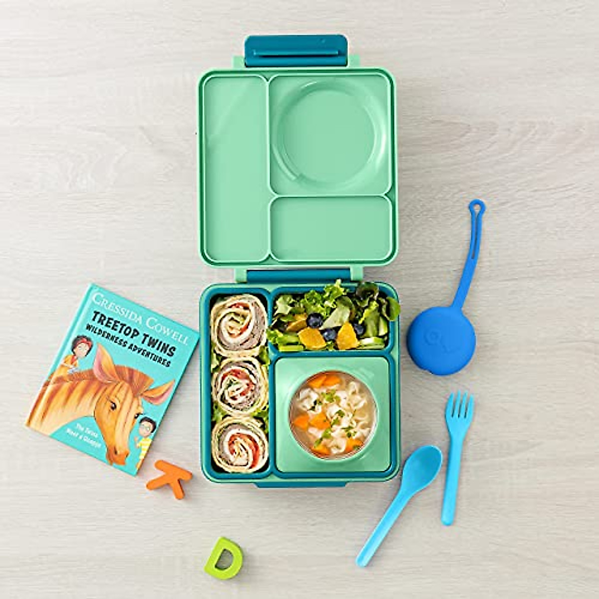 OmieBox Bento Box for Kids Insulated Bento Lunch Box with Leak Proof Thermos Food Jar, 3 Compartments + Capri Blue Utensil Set with Case