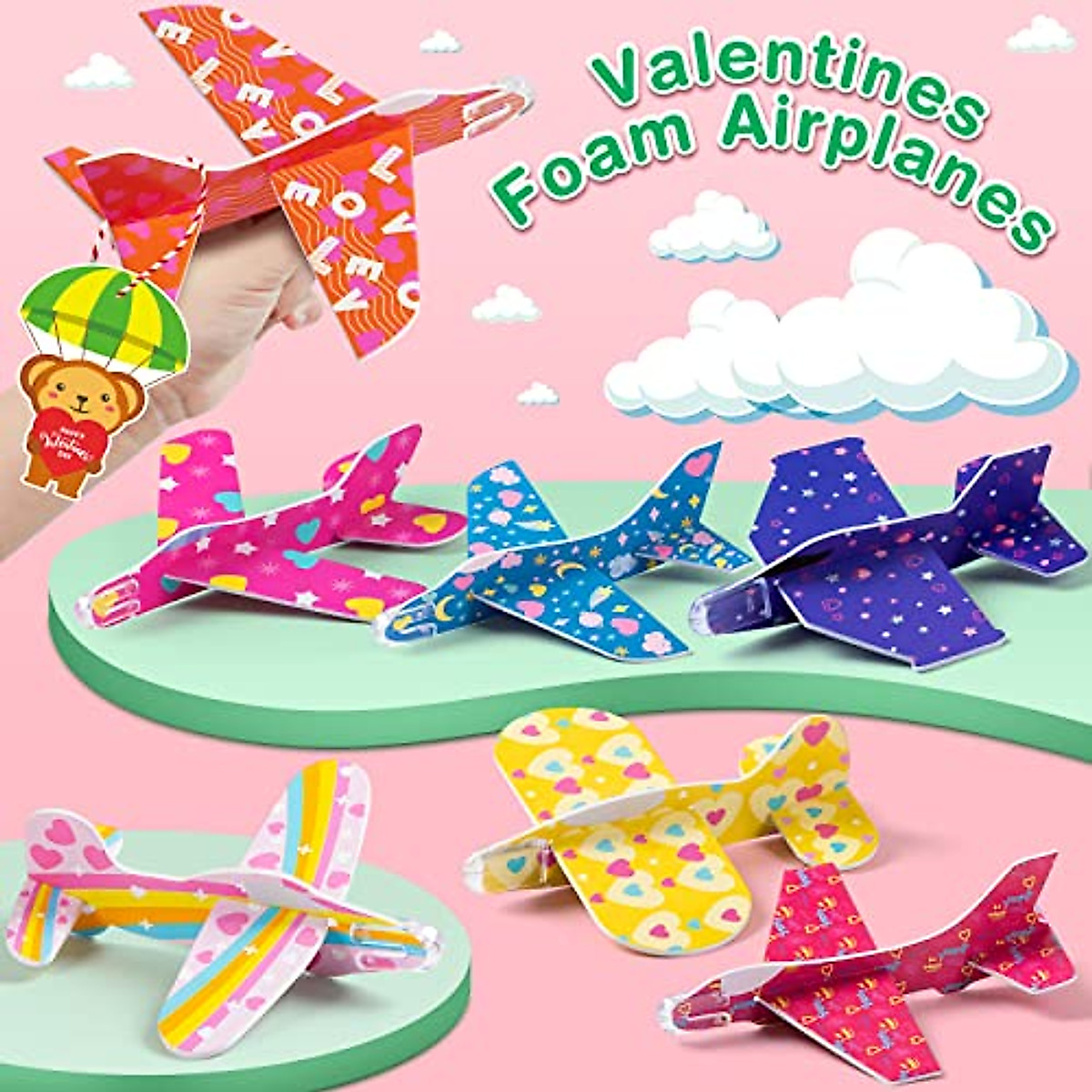Valentine’s Day Card for kids, 28 Pack Foam Airplanes Set with Valentines Greeting Cards for Boys Girls, Valentine Treat Bags Stocking Stuffers Classroom Prize Party Favors Toy Exchange Gifts