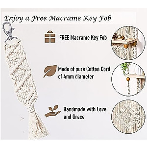 Induslyfe Macrame Wall Hanging Shelf Tier 3 Boho Hanging Wall Decor Boho Shelf Wall Decor Plant Rack Shelf, Boho Bookshelf Wall White Hanging Shelf Woven Rope for Boho Bathroom decor Bedroom Bookshelf