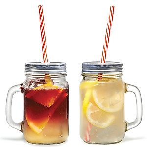 Starfrit 2-Pack Mason Jar Mugs with Reuseable Straws, Clear