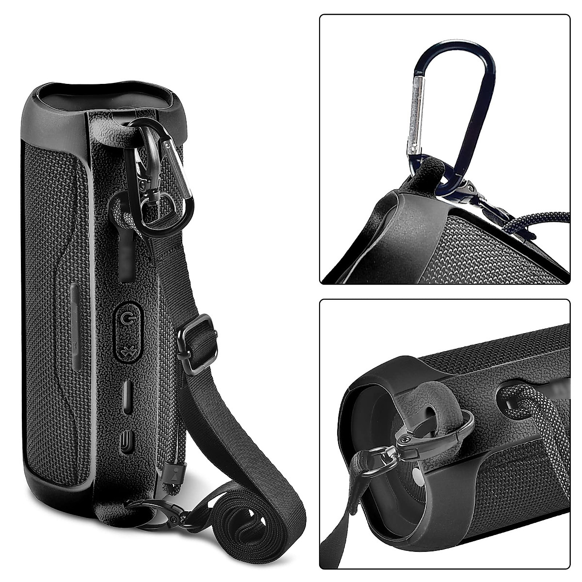 Silicone Case for JBL FLIP 6 Waterproof Portable Bluetooth Speaker, Gel Soft Skin Rubber Cover, Travel Carrying Storage Bag Pouch with Shoulder Strap and Carabiner - Black