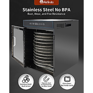 Food dehydrator, 12-layer stainless steel rotating dehydrator, suitable for food, jerky, dog food, herbs, vegetables, fruits, temperature function, 24-hour timer, overheating protection