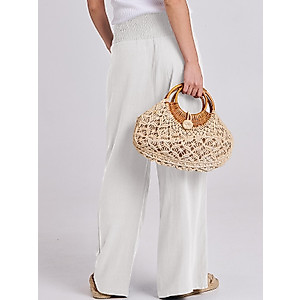 ANRABESS Women Linen Palazzo Pants Summer Boho Wide Leg High Waist Casual Lounge Pant 2025 Beach Travel Vacation Outfits White X-Large