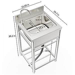 ROOMTEC 304 Stainless Steel Single Bowl Utility Sink Set, Commercial Restaurant Kitchen Sink, Outdoor Sink with Workbench & Storage Shelve with Hot and Cold Water Pipes (22 in)