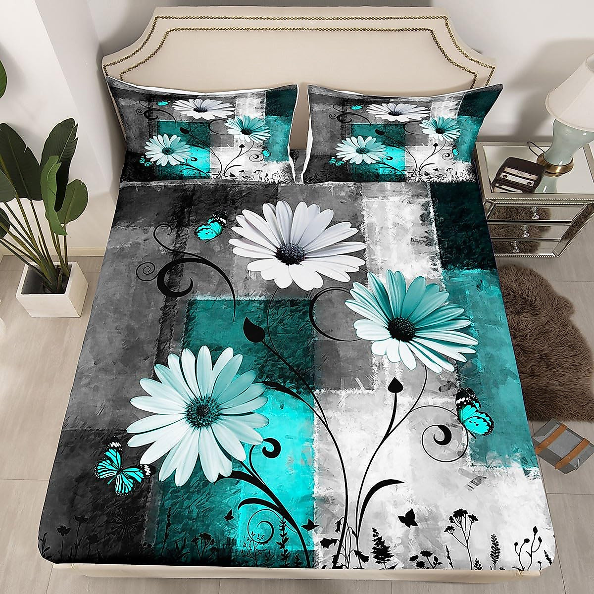 Flowers Geometric Full Size Fitted Sheet,Green Grey Black Square Print Soft Luxury Bedding Set,3D Floral Abstract Art Graffiti Bed Cover All Round Elastic Pocket with 2 Pillowcases