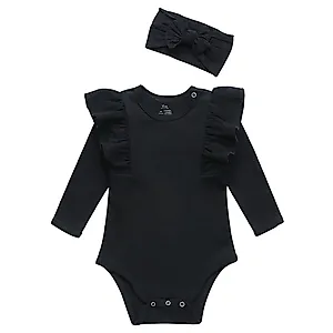 O2 BABY Organic Cotton Onesie Baby Girl Ruffle Romper Long Sleeve Bodysuit Jumpsuit with Headband Outfit Set for Infant(3-6Months,Black)