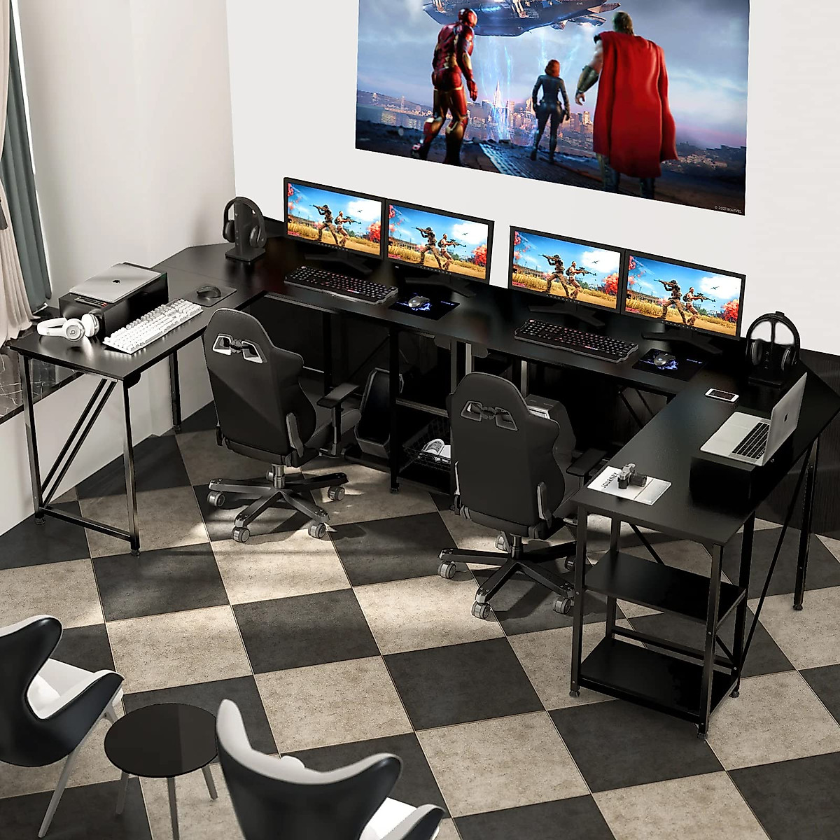 SHSYCER 60" L Shaped Desk with Coputer Tower Stand on 4 Wheels, Shelves, Rounded Corner - Reversible Office Desk with Storage Rack, Large Home Office Desk, L Desk for Home Office, Black