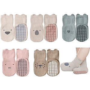 Exegawe Toddler Non Slip Socks, Cute Baby Socks with Grips Crew Socks 5 Pairs(M/1-3y)