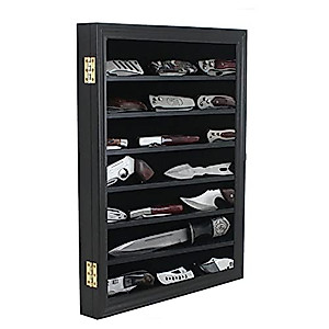 DisplayGifts Knife Display Case Pocket Knife Display Stand Military Folding Knife Shadow Box Wall Cabinet with UV Protection Glass Door Lockable, Great Way to Store and Display, Black Frame
