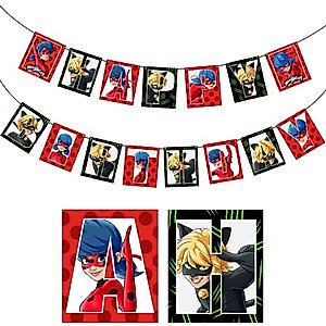 Vision Licensed Miraculous Ladybug Party Supplies Large Happy Birthday Banner Sign 6" x 7" | Colorful design For Kids Miraculous Cat noir Theme Birthday Party and Decorations