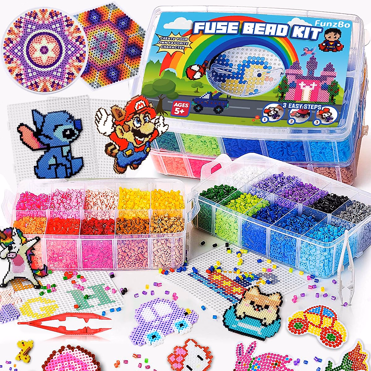 FunzBo Fuse Beads for Kids Craft Art - 106 Patterns Fusebead Melty Fusion Colored Arts and Crafts Set for Boys Girls Age 4 5 6 7 8 Year Old Classroom (Mega)