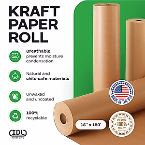 IDL Packaging 18" x 2160" (180 feet) Popular Pack Brown Kraft Paper Roll - Perfect Craft Wrapping Paper for Packing, Moving, Shipping - 100% Recycled Natural Wrap Material