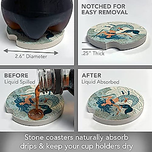 CounterArt Mermaid Island 1 Pack Absorbent Stone Coaster for Vehicle Cup Holder 2.6” Diameter Manufactured in The USA