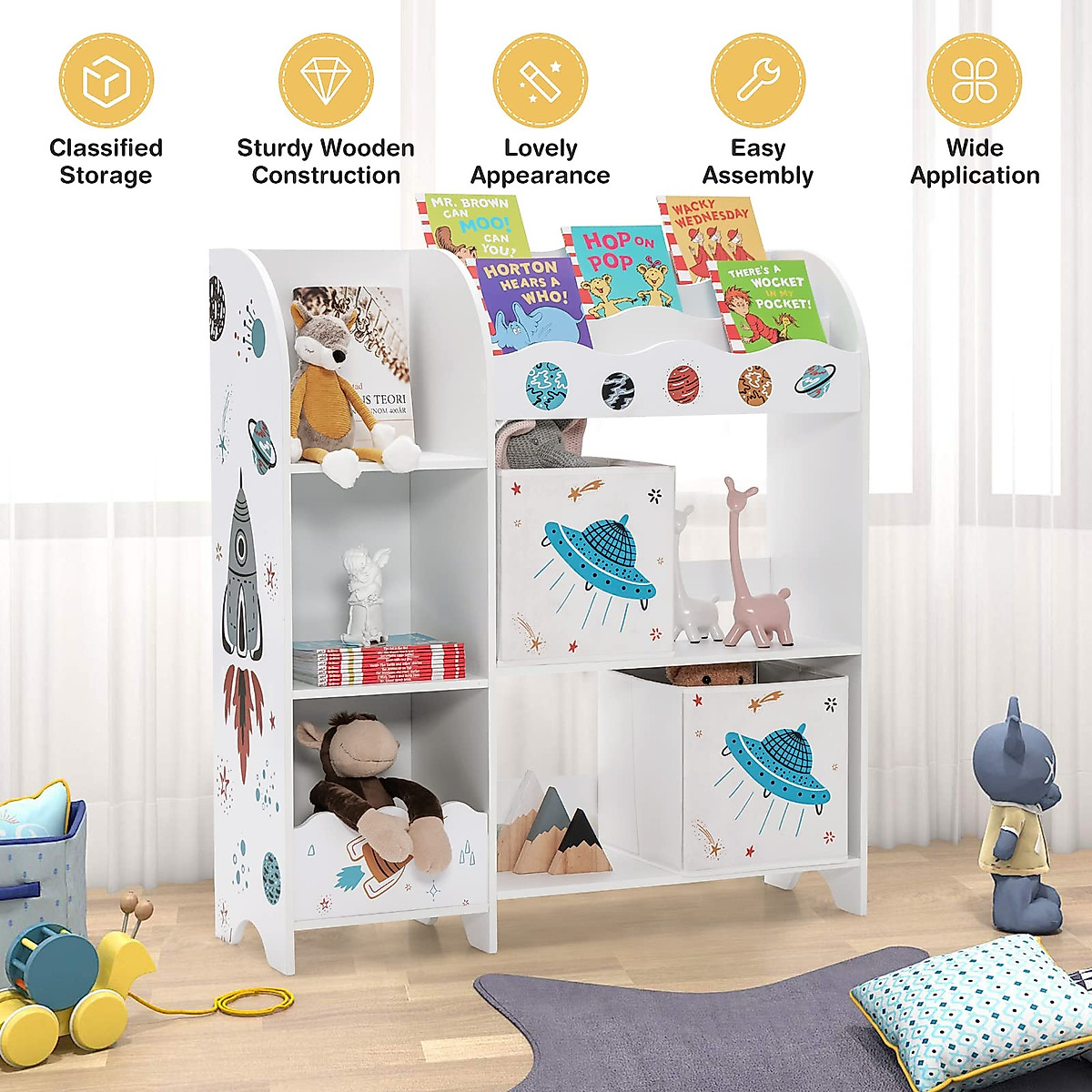 HONEY JOY Kids Toy Storage Organizer, Wooden Storage Unit with 2 Storage Boxes, Toddler Storage Display Bookshelf Daycare Furniture for Playroom, Children’s Room, Living Room(Planet)