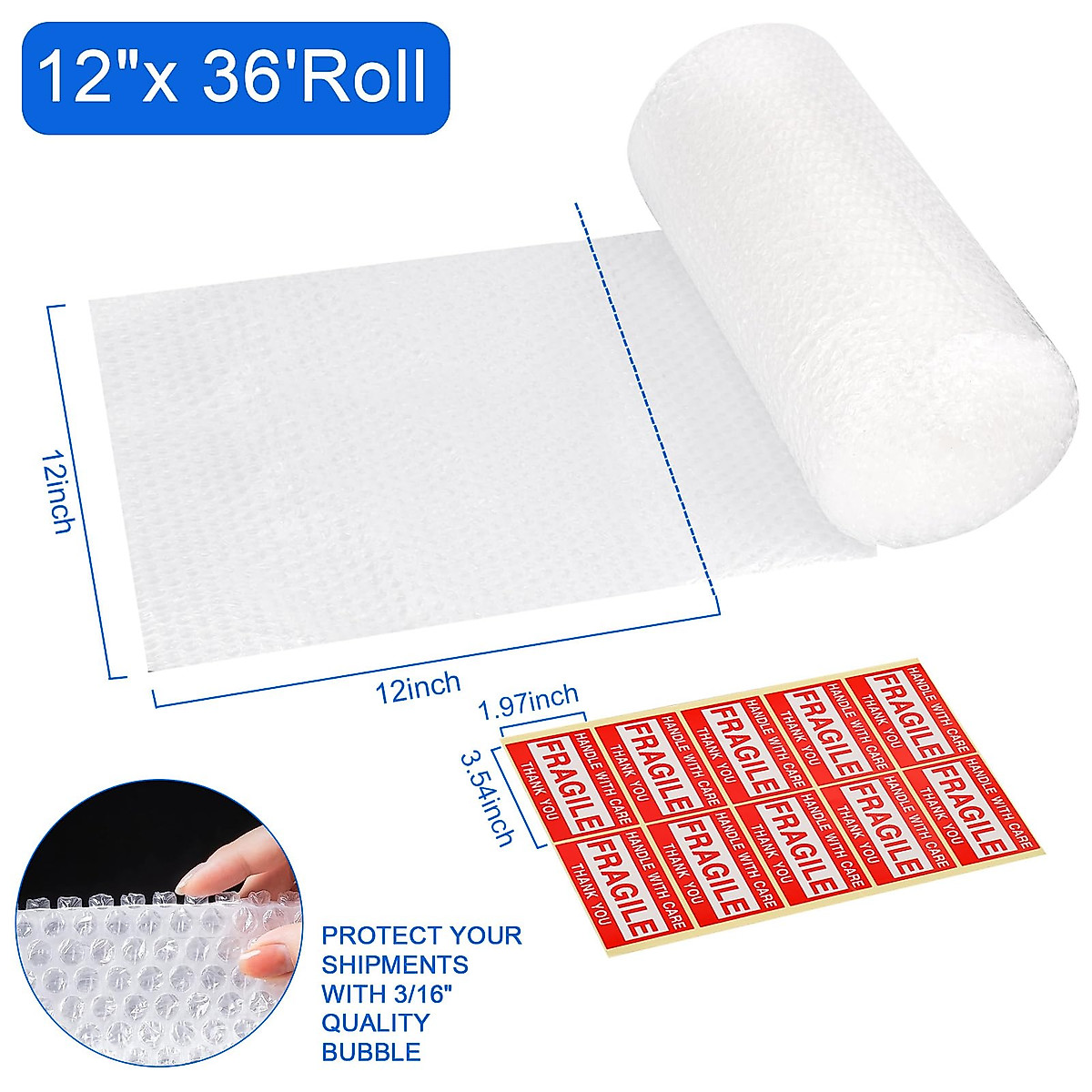 2-pack Bubble Cushioning Wrap Rolls, 3/16" x 12" x 72' ft Total Bubble Packing Wrap,Cushioning Rolls Packing Supplies Perforated Everv 12 ",with 20 Fragile Stickers for Packing Moving Shipping