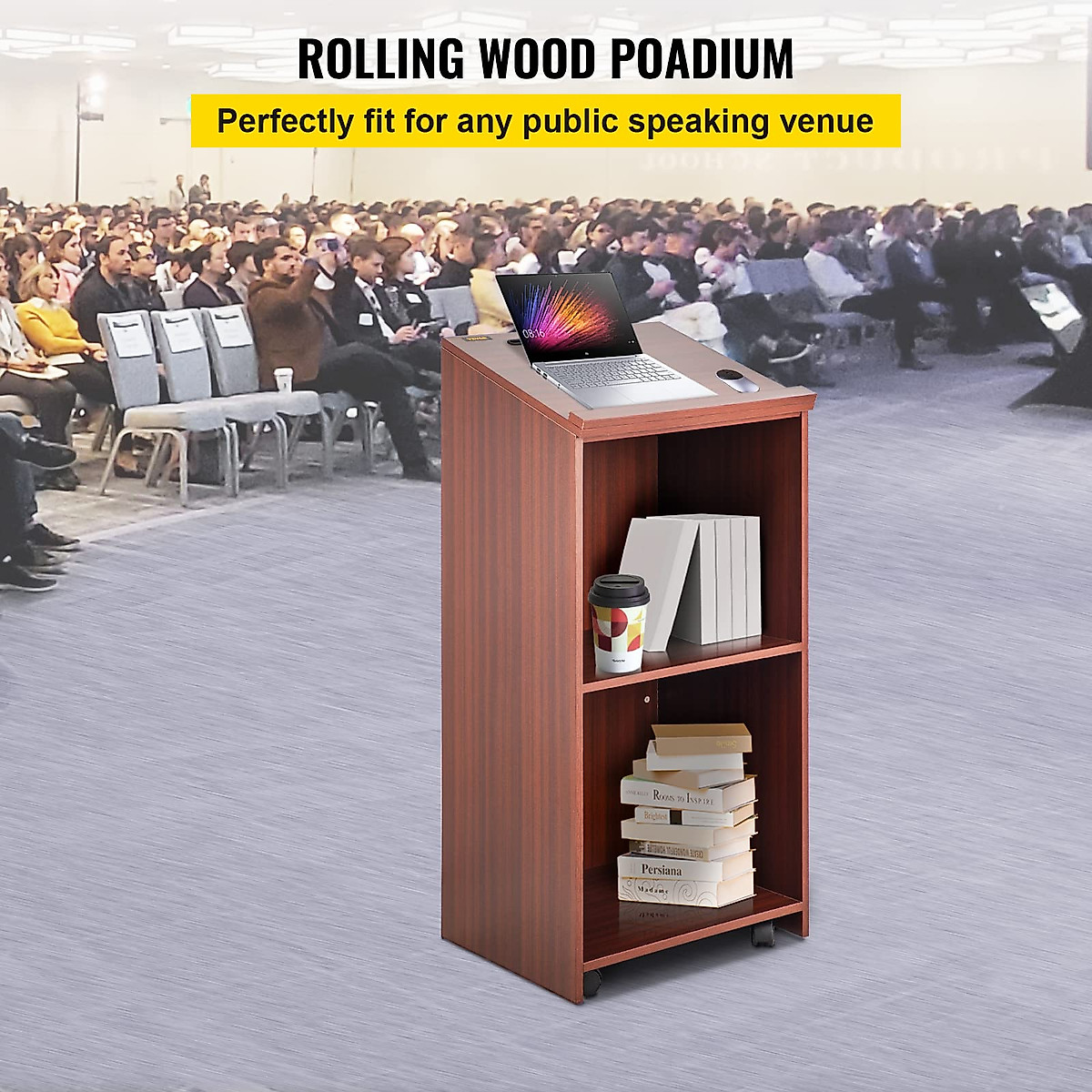 VEVOR Wood Podium, 23.6" x 47.2", Lecterns and Podiums w/ 4 Rolling Wheels, Slant Surface, Baffle Plate & Shelf, Easy Assembly Walnut Lecterns for Church, Office, School, Home
