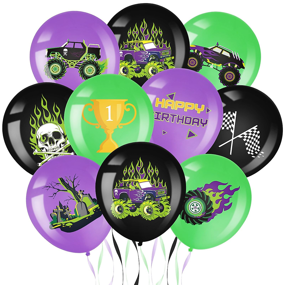Silipull 54 Pcs Truck Balloons Birthday Party Decoration Truck Birthday Party Supplies 12 Inch Green and Purple Balloons Kit Race Car Decorations Latex Balloons for Truck Theme Birthday Baby Shower
