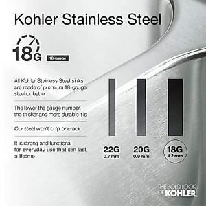 KOHLER Vault 15" Single Bowl 18-Gauge Stainless Steel Entertainment Bar Secondary sink with Single Faucet Hole K-3840-1-NA Drop-in or Undermount Installation