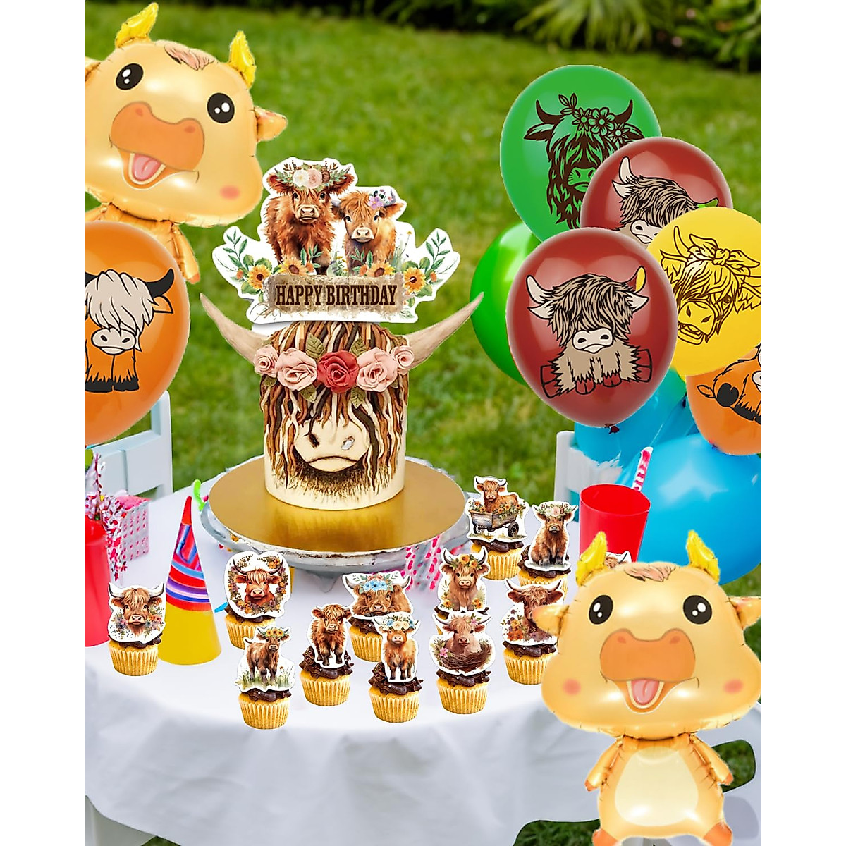 HXJFGDM Highland Cow Birthday Decorations - Highland Cow Party Decorations,Include Happy Birthday Banner Brown Highland Cow Flower Balloons for Farm Animal Holy Cow Party Decor