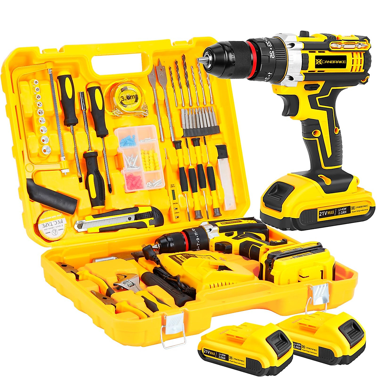 CANBRAKE 21V Tool Kit with Drill, 120PCS 21V Cordless Drill Set with 3/8" Keyless Chuck of Metal & 25+3 Clutch with Impact, 2 x 2.0Ah Battery & Fast Charger, Max Torque 45Nm, 2-Variable Speed