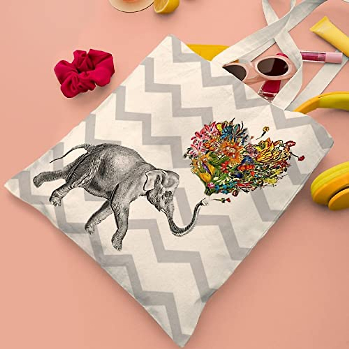 Canvas Shoulder Bag,Light Grey Geometric Ripples Elephant and Heart Flower Tote Bag for Books,Birthday Inspirational Gifts