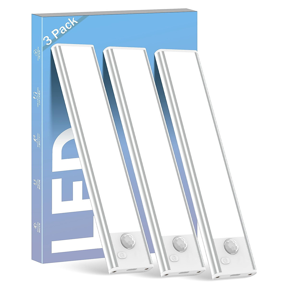 ASOKO Under Cabinet Lights Motion Sensor USB-C Rechargeable LED Closet Lights Battery Operated Wireless Magnetic Light Strip for Kitchen(White,3Pack)
