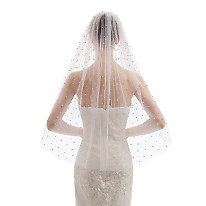 ELAWBTY Womens 1 Tier Fingertip Length Pearl Wedding Bridal Veil With Comb X06 Ivory