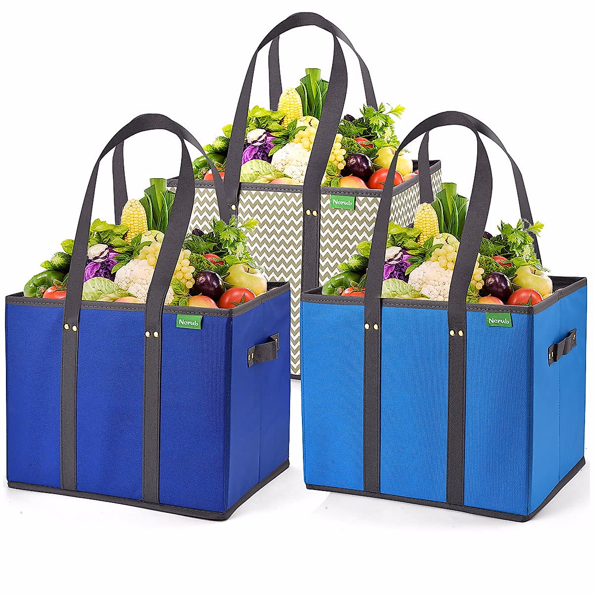 NERUB Reusable Grocery Bags Shopping Bags Grocery Tote Bag with Reinforced Bottom Heavy Duty Handles (Set of 3, Blue/Gray/Wave)