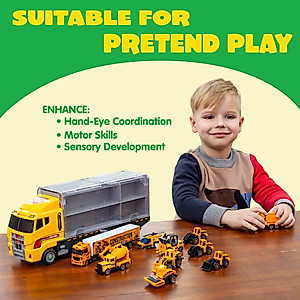 JOYIN 19 in 1 Die-cast Construction Toy Truck with Little Figures, Mini Construction Vehicles in Big Carrier Truck, Patrol Rescue Helicopter for Boys 3-9 Years Old, Kids Value Birthday Easter Gifts