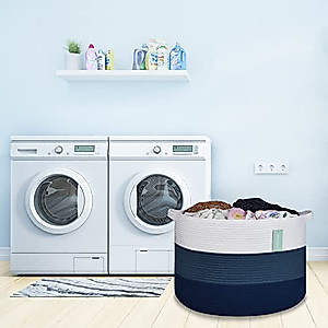 BOSROTY Extra Large Blanket Basket, Laundry Basket, Cotton Rope Basket, 21.7”x 13.8”, Laundry Hamper, XXXL Storage Basket, Woven Basket, Toy Basket, Clothes Baskets, White&Cadet Blue&Navy Blue