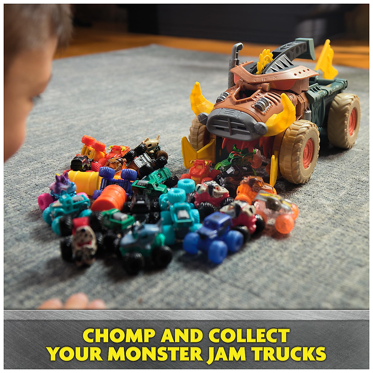 Monster Jam Mini Jam, Megalodon Mad Hog Chomper and Monster Truck, Fun Cleanup and Storage, Kids Toy Gifts for Boys and Girls Ages 3 and Up