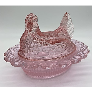 Covered Chicken Dish - Glass 2 Piece Hen on Wide Rim Base - Mosser USA (Pink)