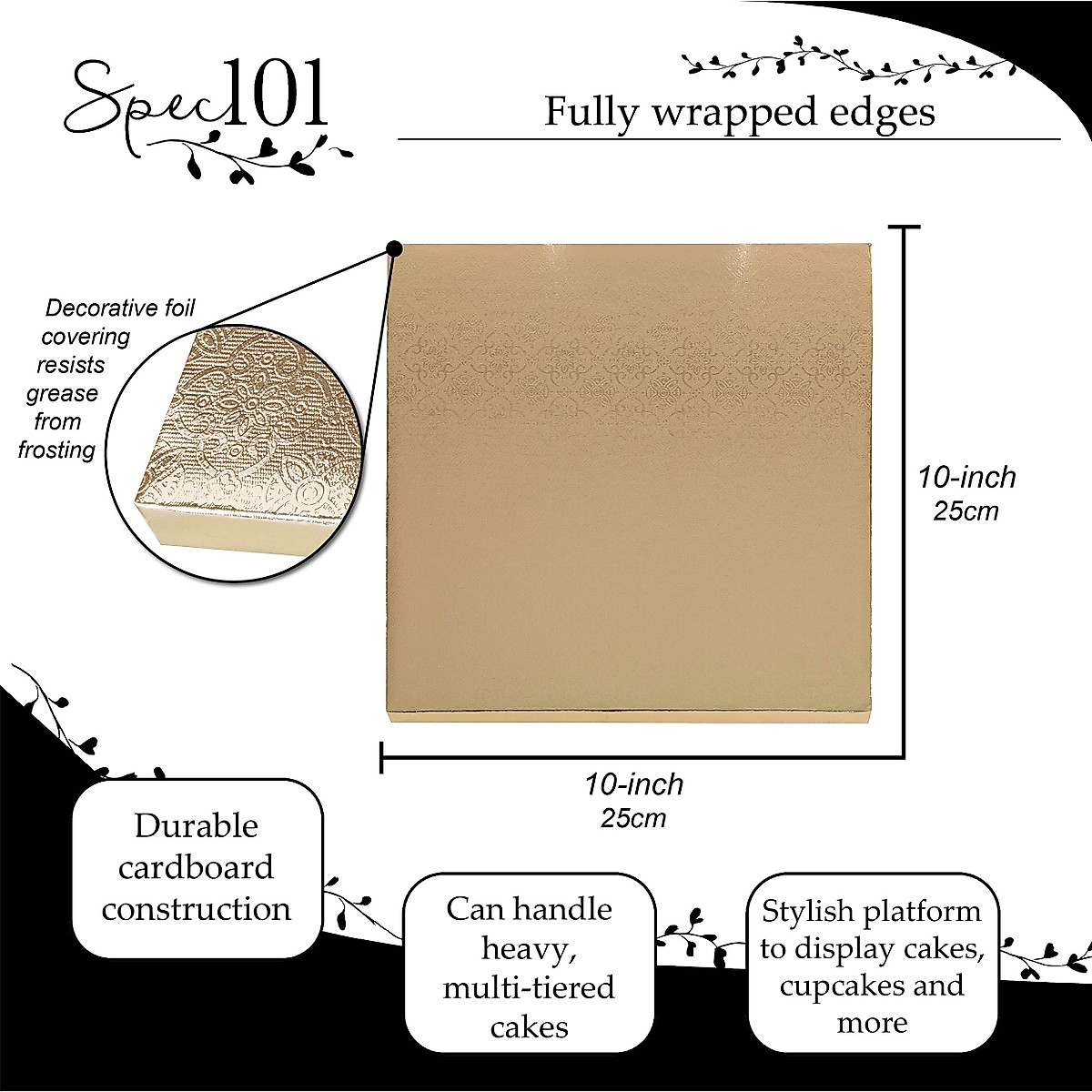 Spec101 Cake Board 10 Inch 6pk Gold Cake Drum Floral Bulk Cake Drums Special Occasion Square Wrapped Edged Cake Base