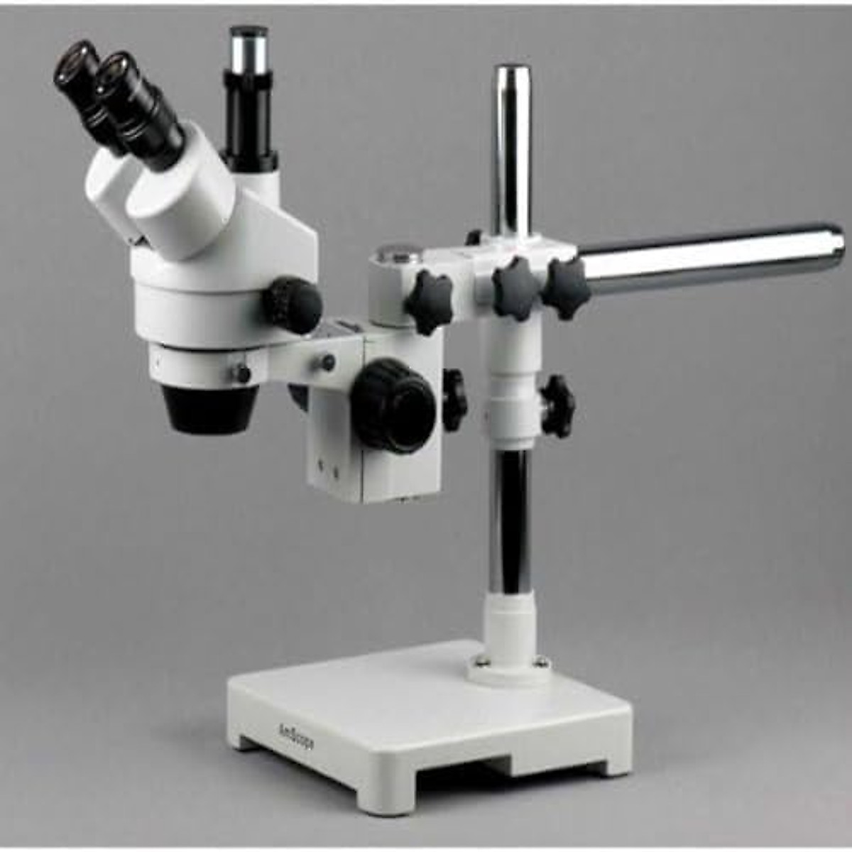 AmScope SM-3TZ Professional Trinocular Stereo Zoom Microscope, WH10x Eyepieces, 3.5X-90X Magnification, 0.7X-4.5X Zoom Objective, Ambient Lighting, Single-Arm Boom Stand, Includes 0.5X and 2.0X Barlow Lenses