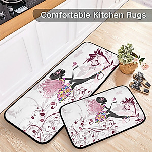 Magic Fairy Flowers Girl Butterfly Kitchen Rugs and Mats 2 Pieces Anti Fatigue Kitchen Rug Set Non-Slip Bath Mat Entry Floor Carpet Entrance Door Mat Runner 20"x28"+20"x47"
