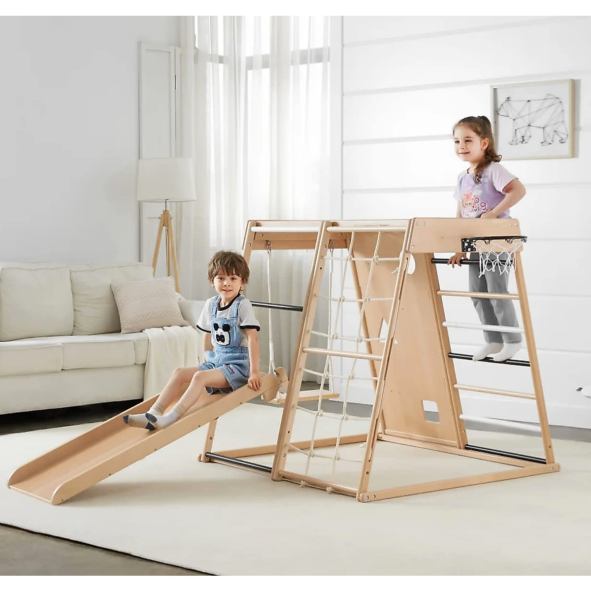 Hopscotch Squad Activity Indoor Kids Playground Jungle Climbing Gym, Toddlers Wooden 9-in-1 Play Set Climber