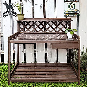 Outdoor Potting Bench, Wooden Garden Workstation Table w/Drawer, Open Shelf, Lower Storage- Extra PVC Layer