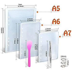 3Pcs Notebook Cover Resin Casting Molds for A5 A6 A7, LEOBRO Notebook Cover Silicone Molds, Resin Notebook Molds, Silicone Resin Molds for Notebook Epoxy Resin DIY, with Book Rings, Tweezers, Spoons