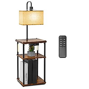 Pazarfami Floor Lamp with Table, Dimmable LED Standing Lamp with 4 Display Poles ,Bedside Table with USB Ports and Outlets, Remote Control Adjustable Color Temperatures & Brightness for Living Room