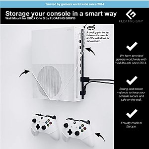 Xbox One S Wall Mount Solution by FLOATING GRIP - Mounting Kit for Hanging Game Consoles - Strong & Slim Ropes - Easy-to-Install System (Bundle: Fits XBOX One S + 2x Controllers, white)