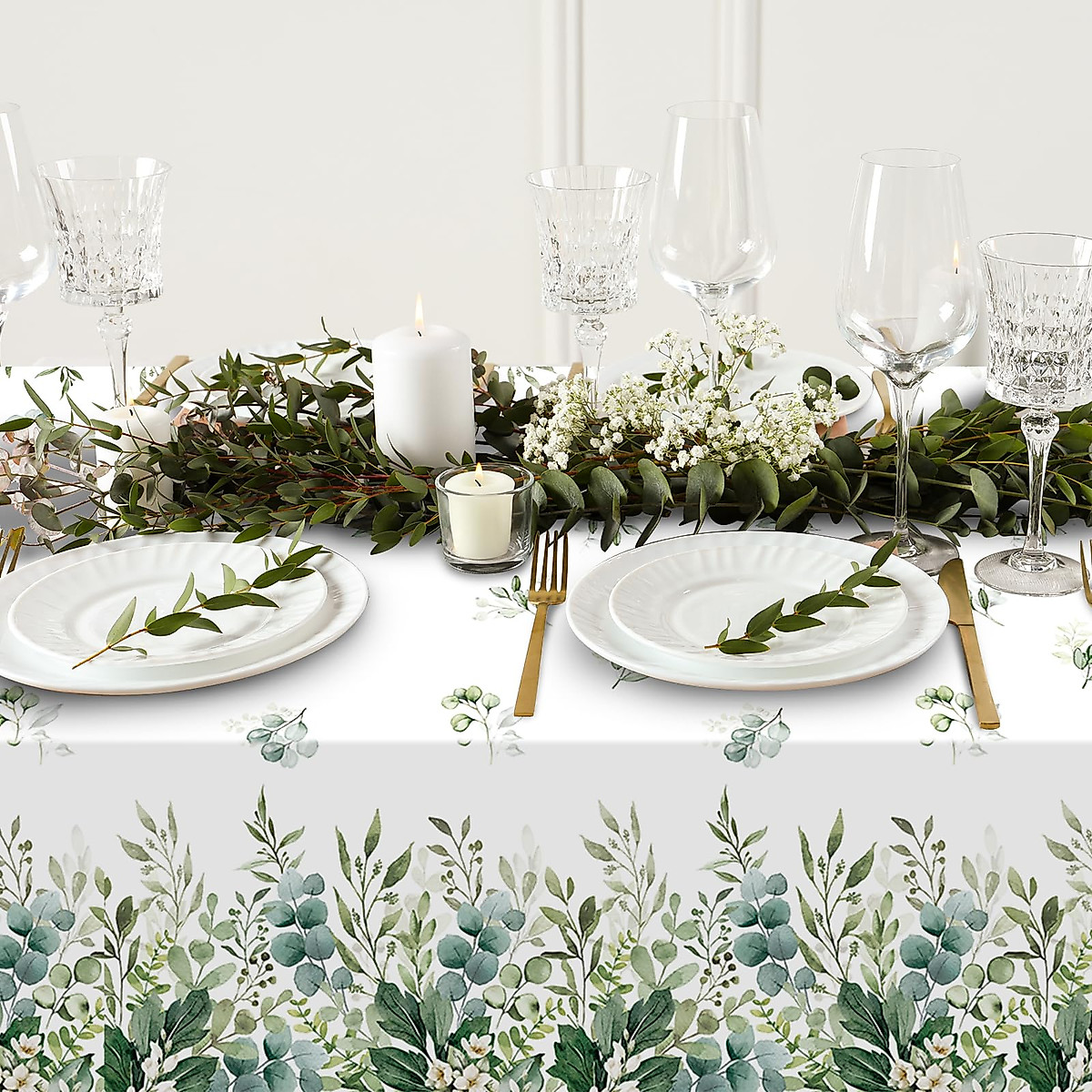 3 Pack Spring Sage Green Baby Shower Plastic Tablecloth, Eucalyptus Leaf Disposable Table Cover, Summer Rectangle Table Cloth for Bridal Baby Shower Birthday Wedding Party Decorations, 54x108 Inch