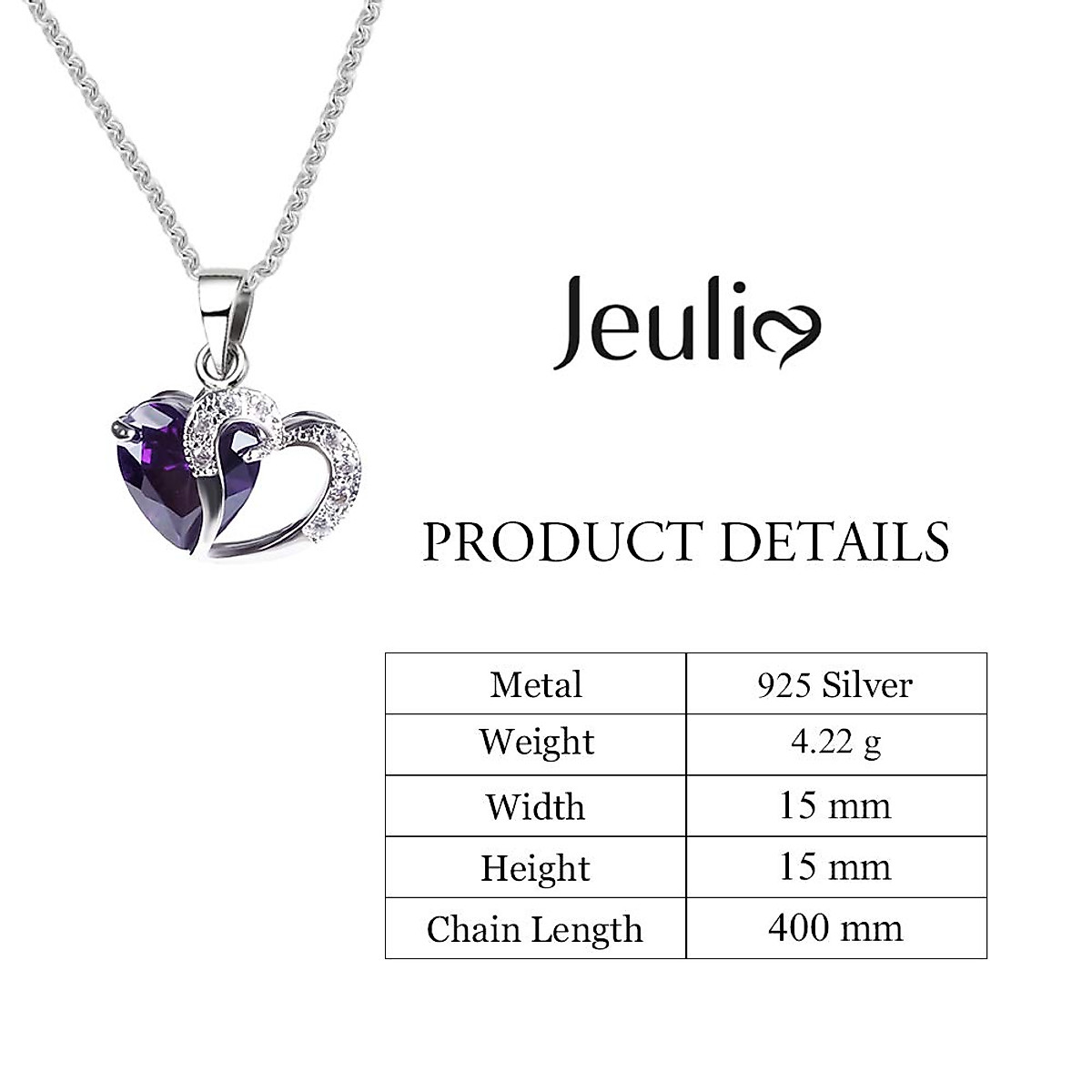 Jeulia 925 Silver Double Heart Pendant Necklace Amethyst Diamond Pendant with CZ Stone Romantic Jewelry Gifts for Her Mother’s day Aniversary Promise Gift (Silver) (Purple)