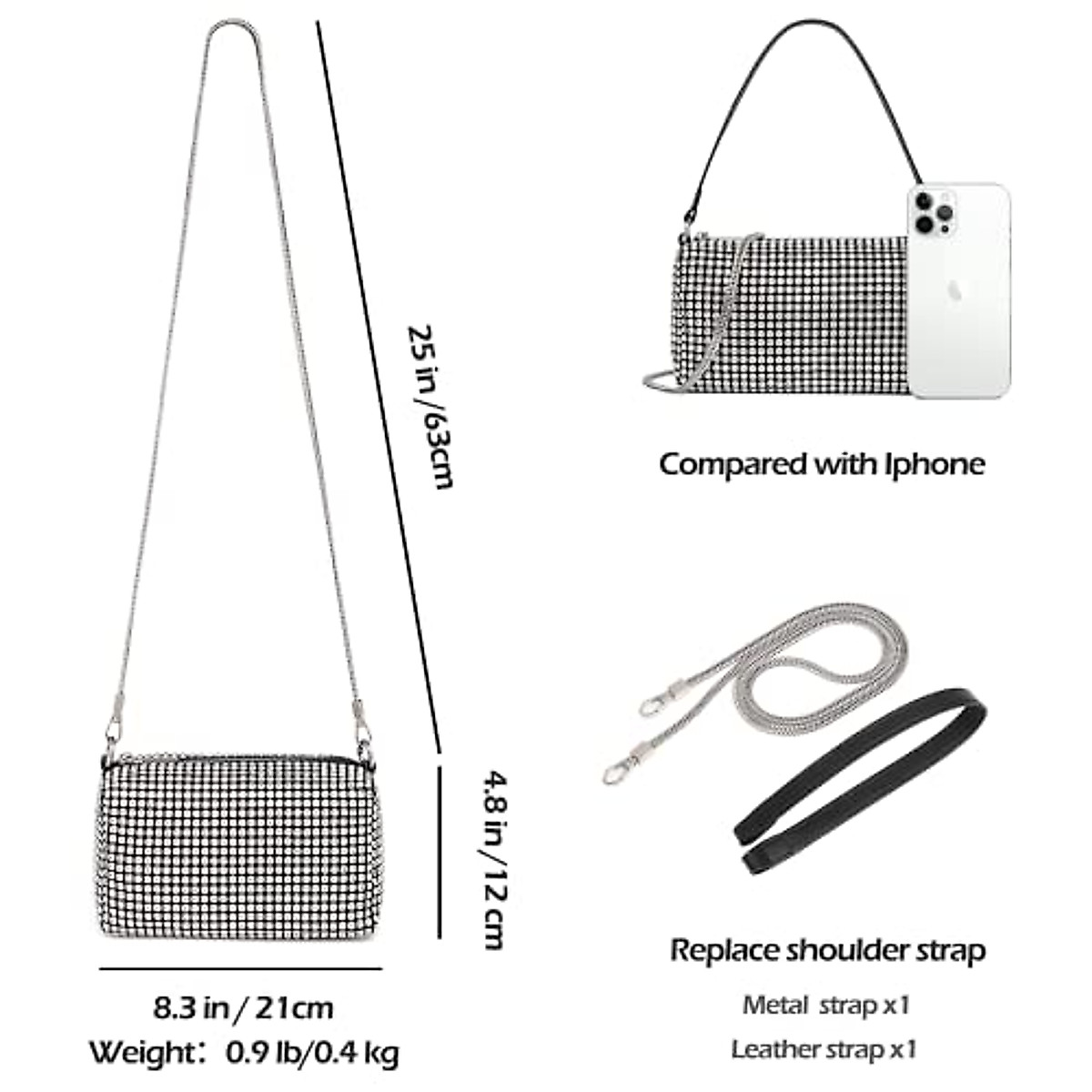 Rhinestone Bling Bag Purse Sliver Clutch Sparkly Crossbody Bags for Women Crystal Glitter Handbag for Party Prom Wedding