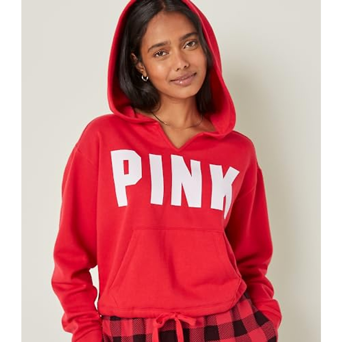 Victoria's Secret Women's PINK Logo Cropped Campus Hoodie Sweatshirt, Red Tie, XL